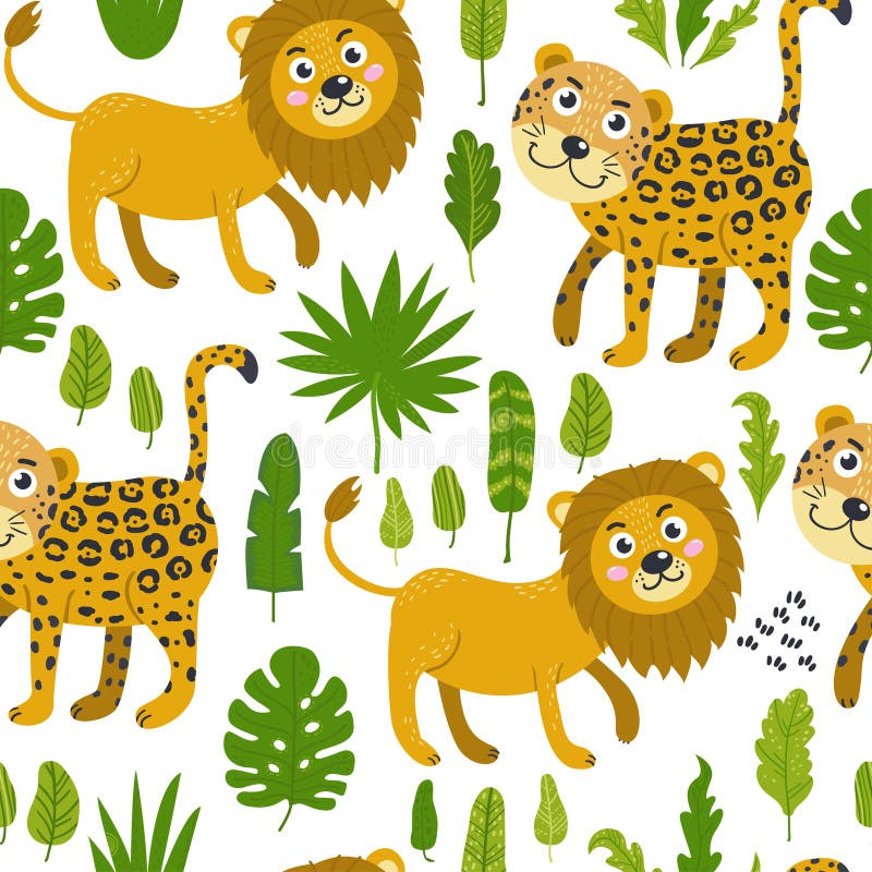 Seamless Pattern with Cute Lions and Leopards from the Jungle Stock Vector - Illustration of ...