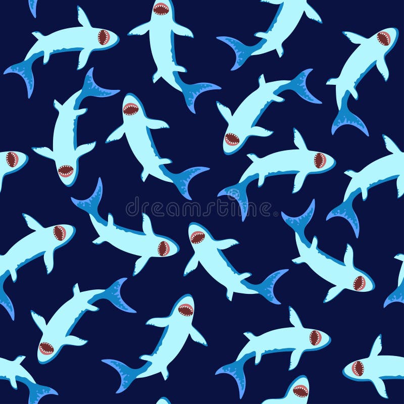 Seamless Pattern with Cute Little Cartoon Sharks. Vector Illustration ...