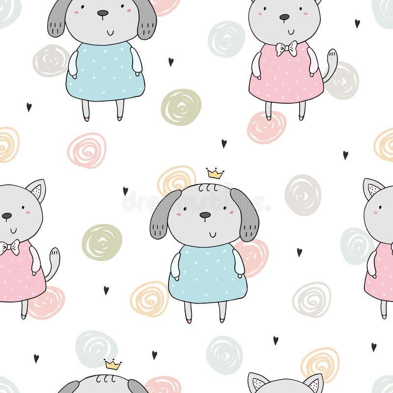 Seamless Pattern with Cute Little Dog and Cat. Vector Illustration ...