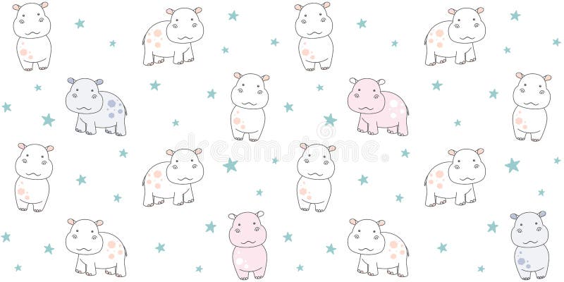 Seamless Pattern with Cute Little Hippo on a White Background with ...