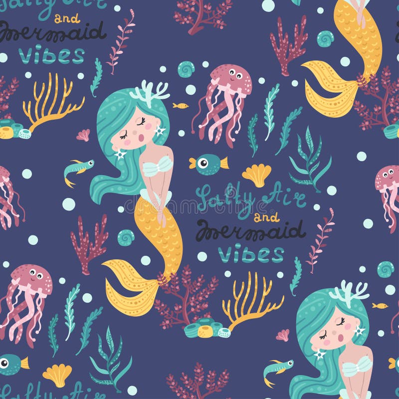 Seamless Pattern With Cute Mermaids Seaweed Stock Vector