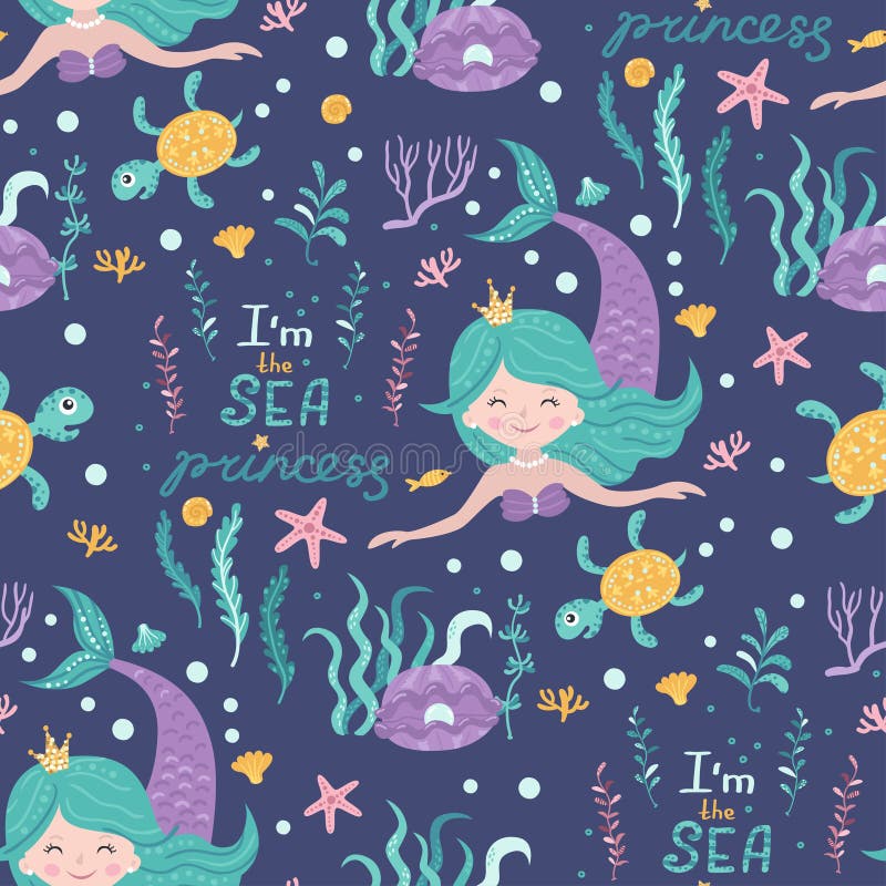 Seamless Pattern with Cute Mermaids, Seaweed Stock Vector ...