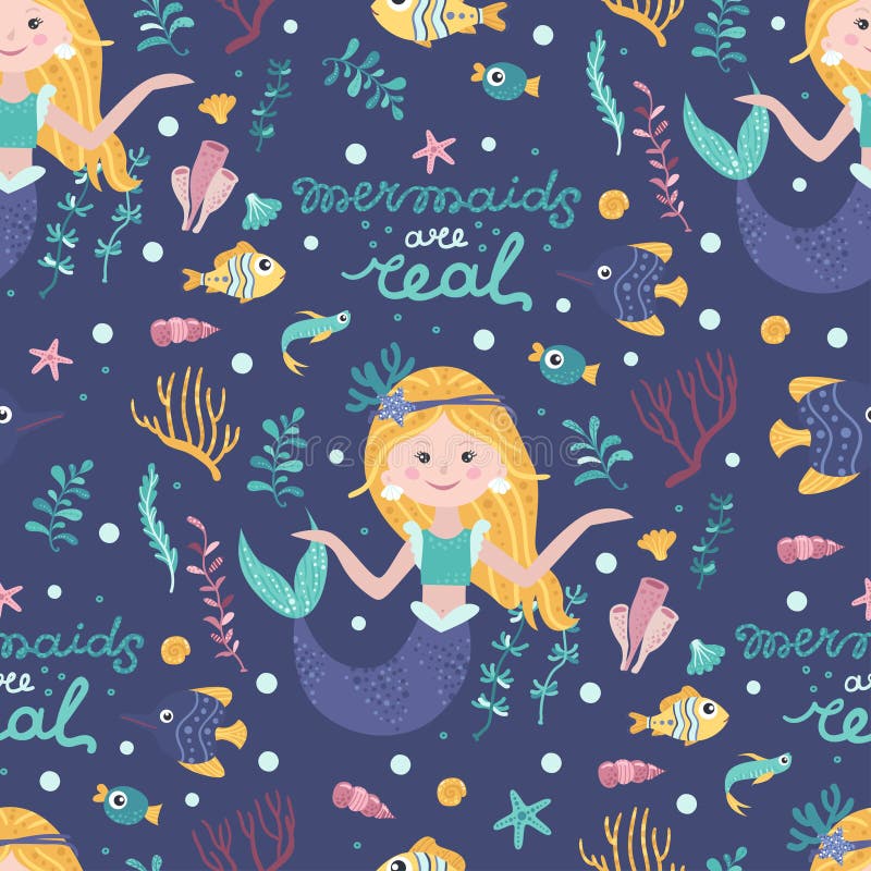Seamless Pattern with Cute Mermaids, Seaweed Stock Vector ...