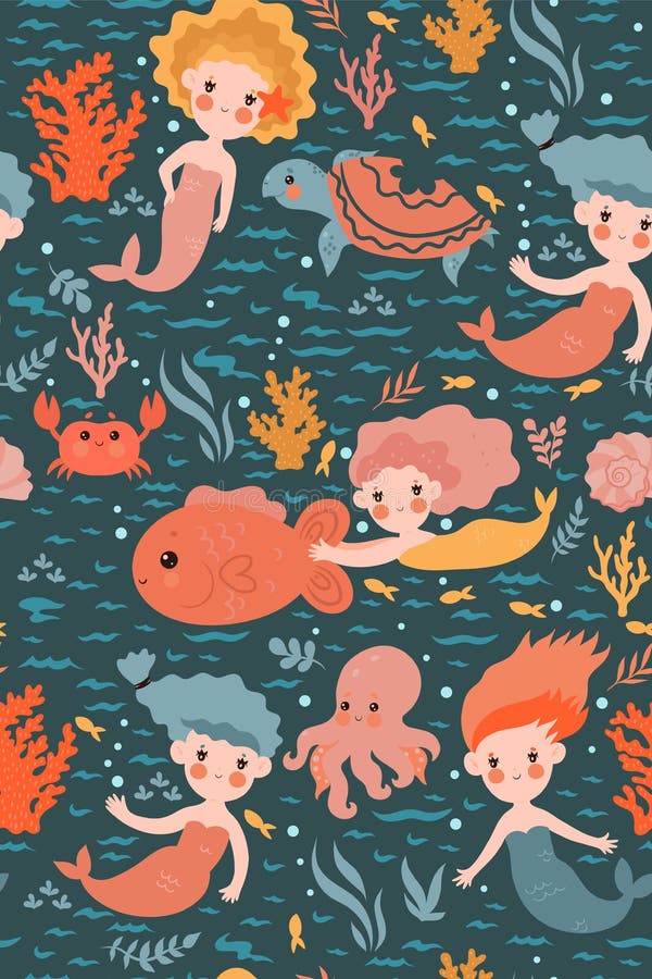 Seamless Pattern With Cute Mermaids Vector Graphics Stock Vector