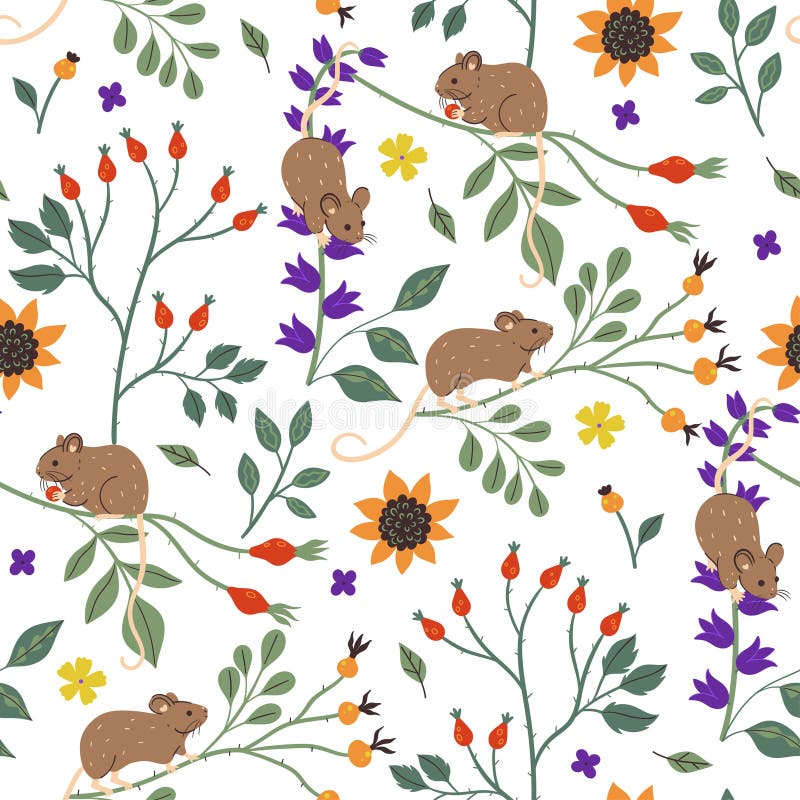 Seamless Pattern with Cute Mice and Twigs. Vector Graphics Stock Vector ...