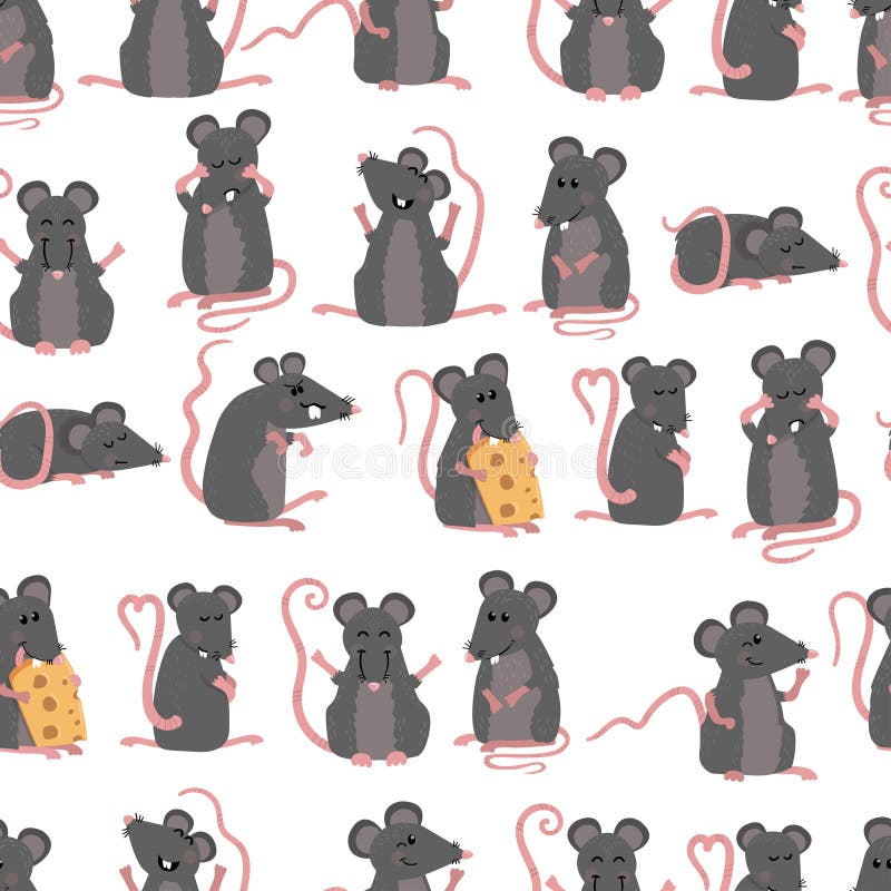 Seamless Pattern with Cute Mice in Various Poses in Cartoon Style Stock ...