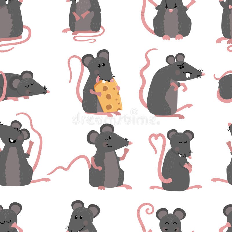 Seamless Pattern with Cute Mice in Various Poses in Cartoon Style Stock ...
