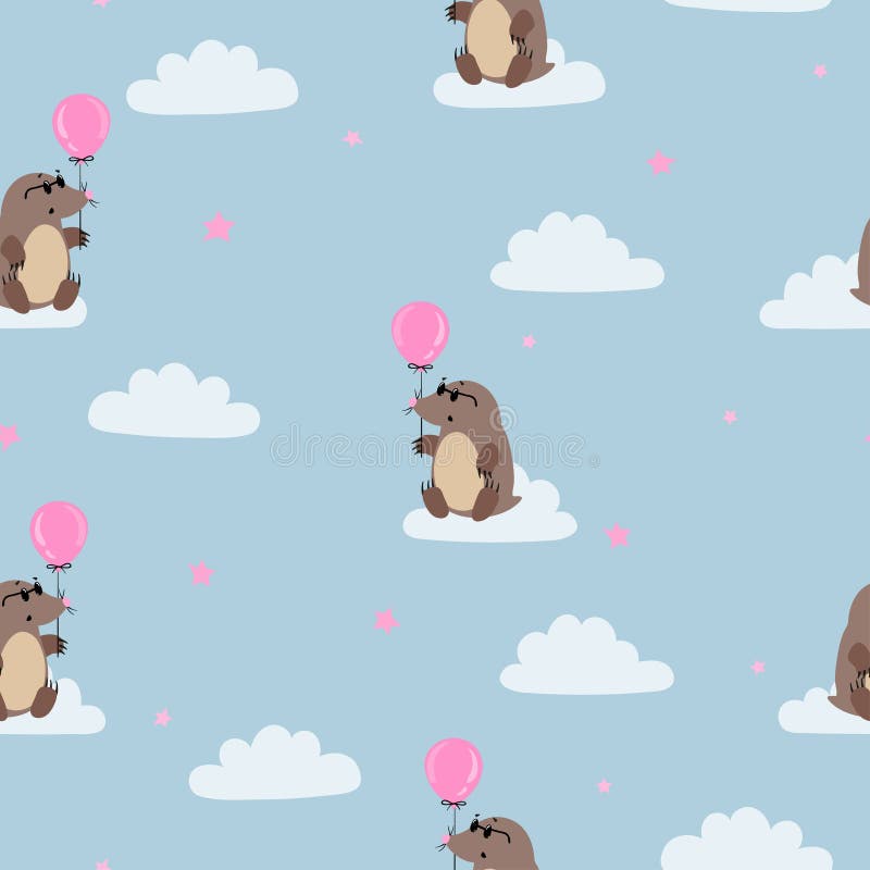 Seamless Pattern with Cute Mole and Balloon. Vector Cartoon Moles Illustration Stock Vector ...