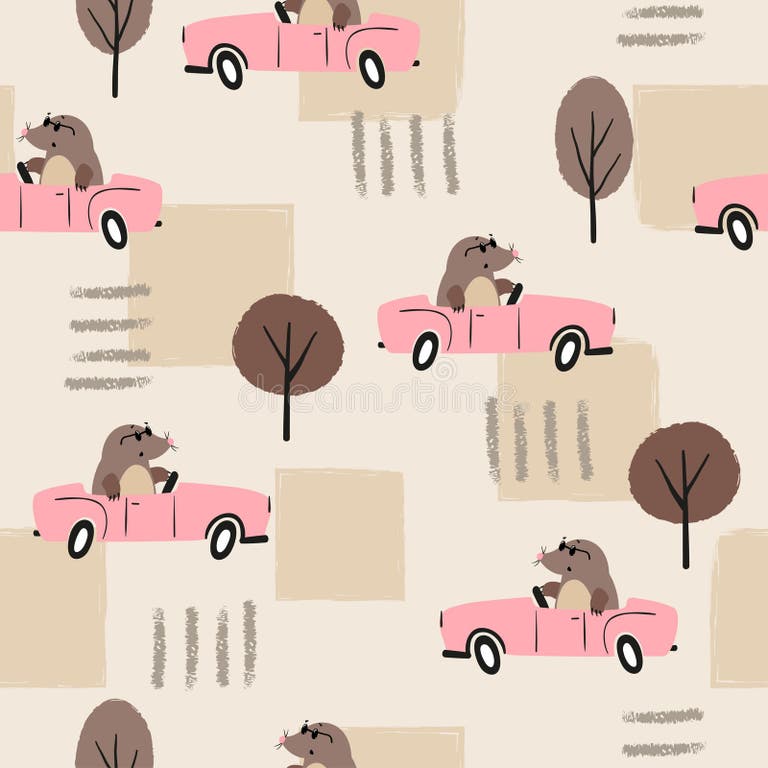 Seamless Pattern with Cute Mole in the Car. Vector Road Illustration ...