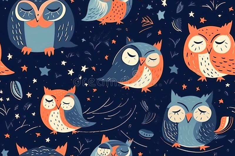 Seamless Pattern with Cute Painted Flat Owls. on a Dark Blue Background ...