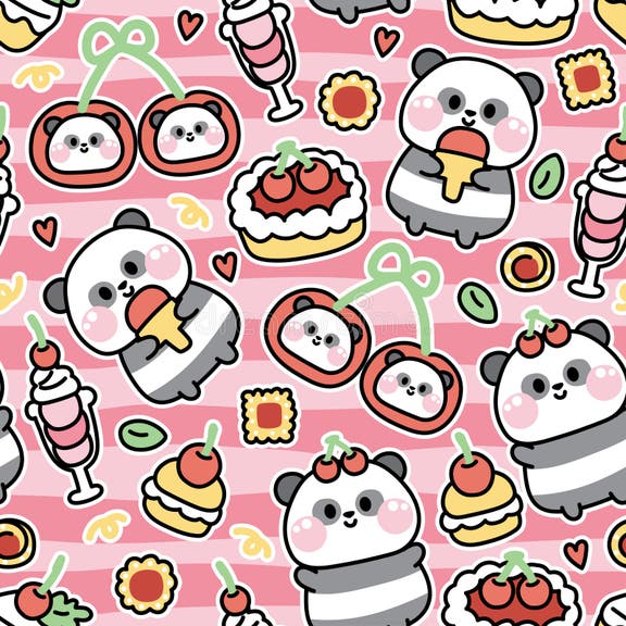 Seamless Pattern of Cute Panda Bear Various Poses in Cherry Bakery ...
