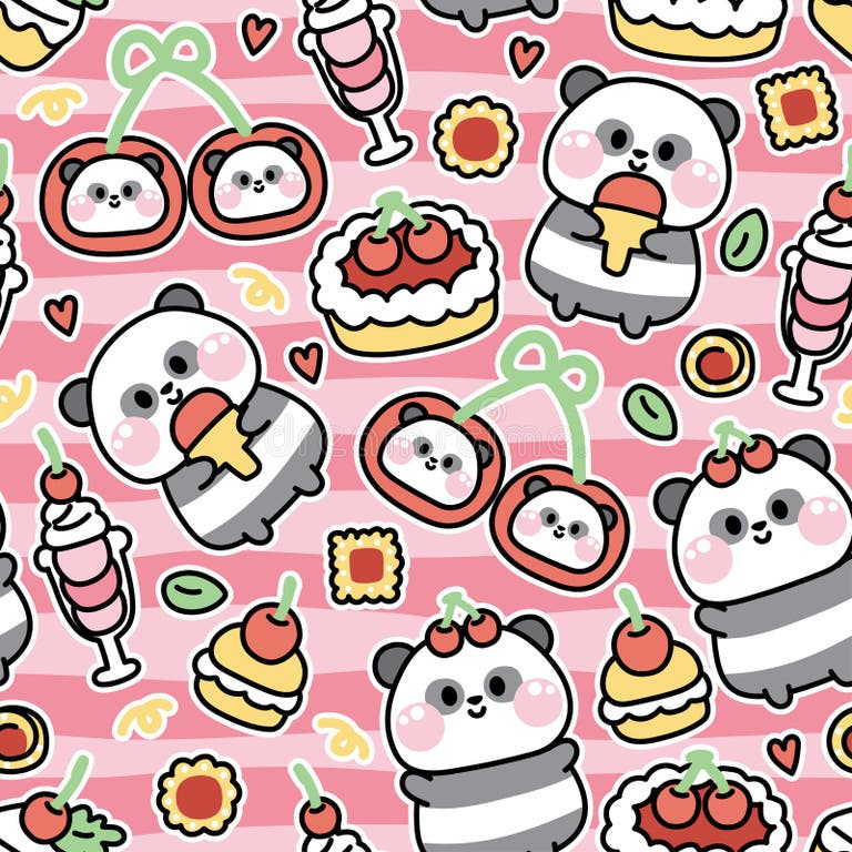 Seamless Pattern of Cute Panda Bear Various Poses in Cherry Bakery ...