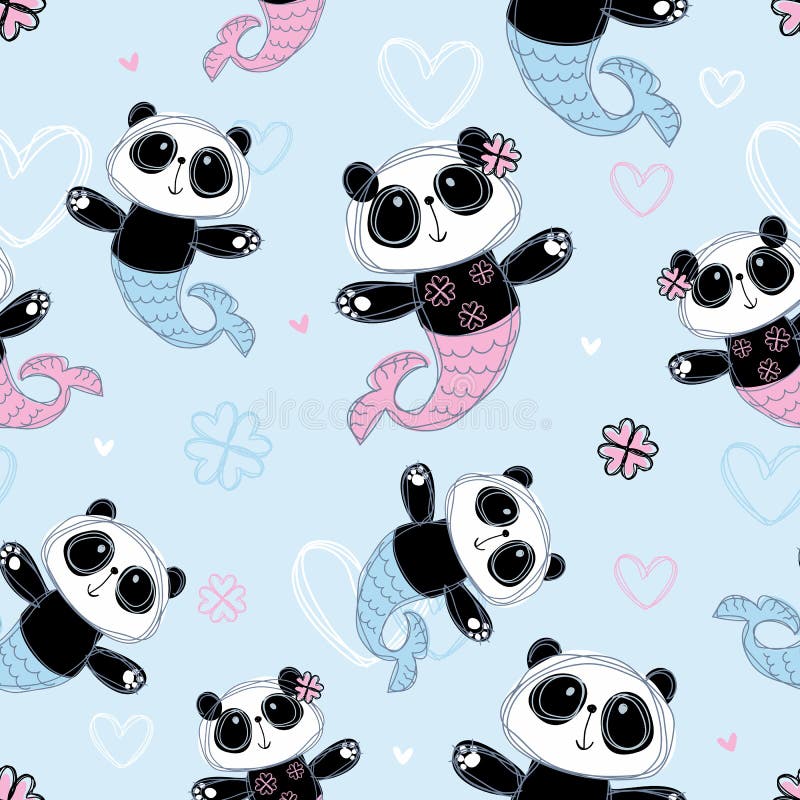 Seamless Pattern. Cute Panda Mermaid on Blue Background. Vector Stock ...