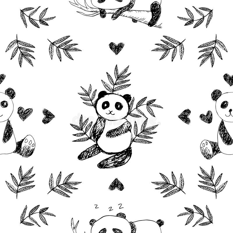 Seamless Pattern with Cute Panda and Palm Leaves. Stock Vector ...