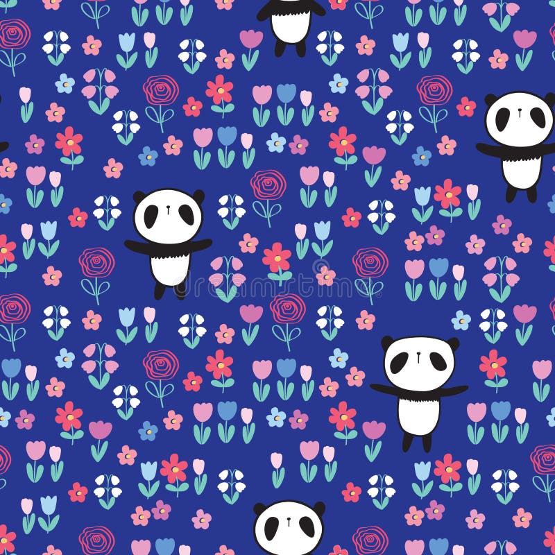 Seamless Pattern with Cute Pandas and Flowers Stock Vector ...
