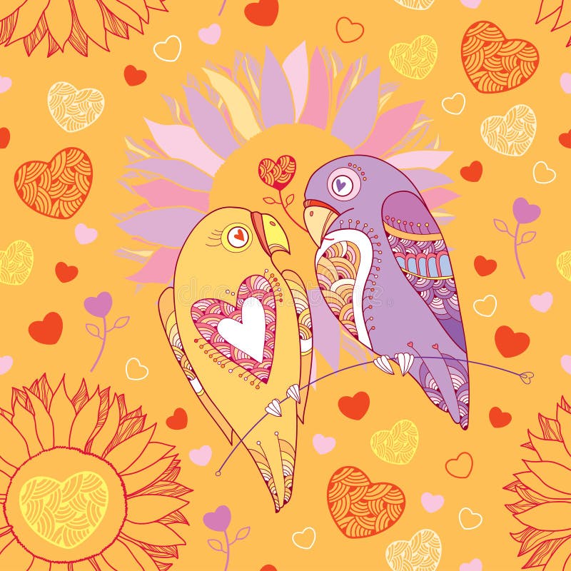 Seamless Pattern with Cute Parrots in Love and Flowers on the Orange ...