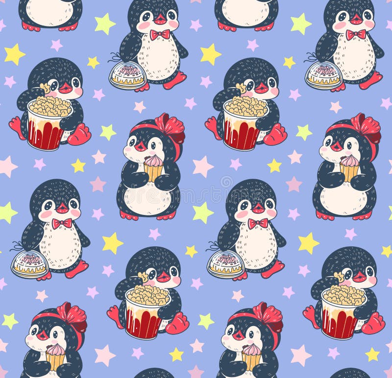 Seamless Pattern with Cute Penguins Stock Vector - Illustration of ...