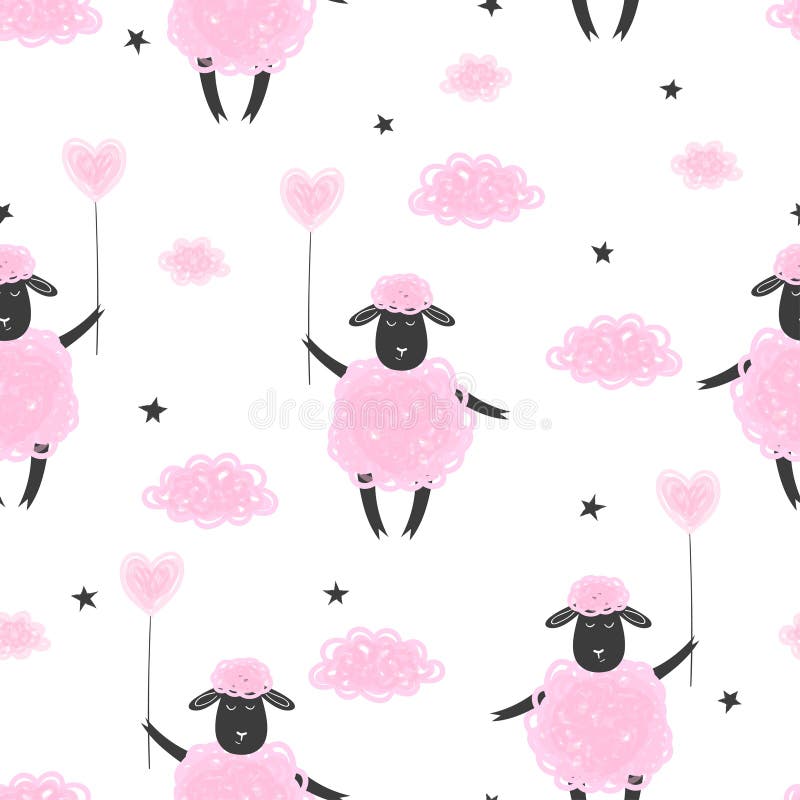 Seamless Pattern with Cute Pink Sheep and Clouds. Stock Vector ...