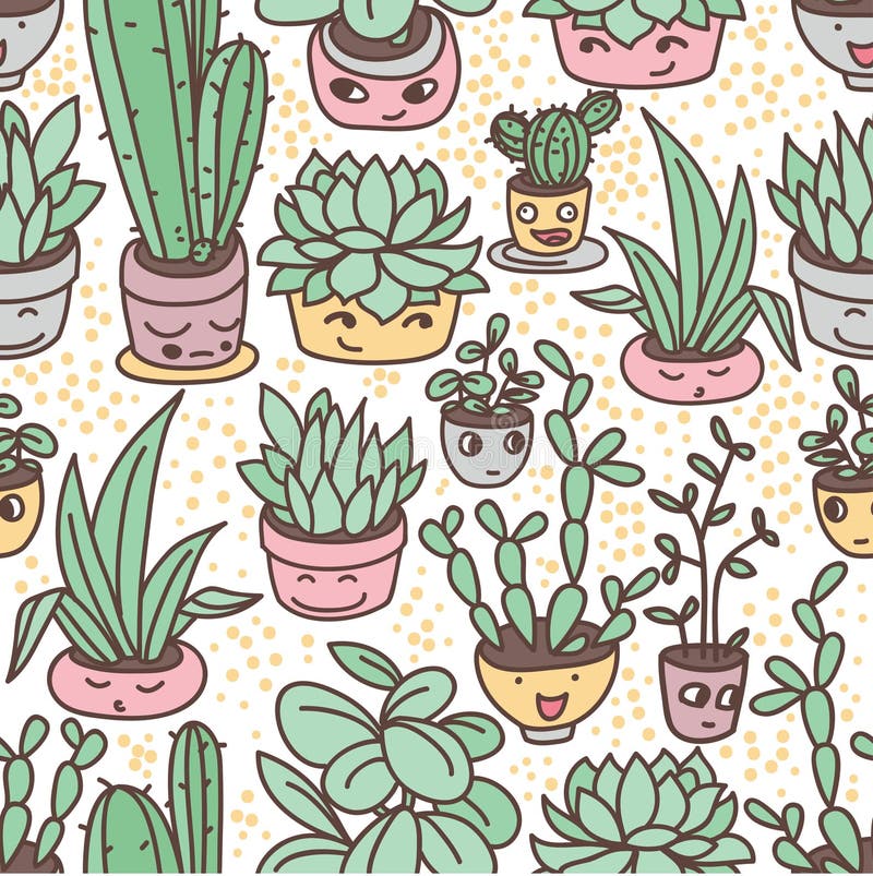 Seamless Pattern of Cute Potted Plants with Funny Cartoon Faces Stock ...