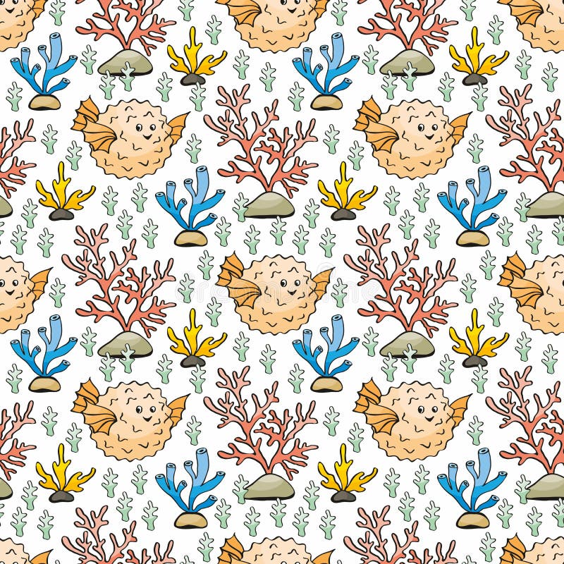 Seamless Pattern with Cute Puffer Fish in Doodle Style Stock Vector ...