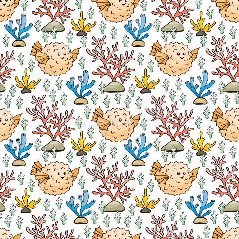 Seamless Pattern with Cute Puffer Fish in Doodle Style Stock Vector ...