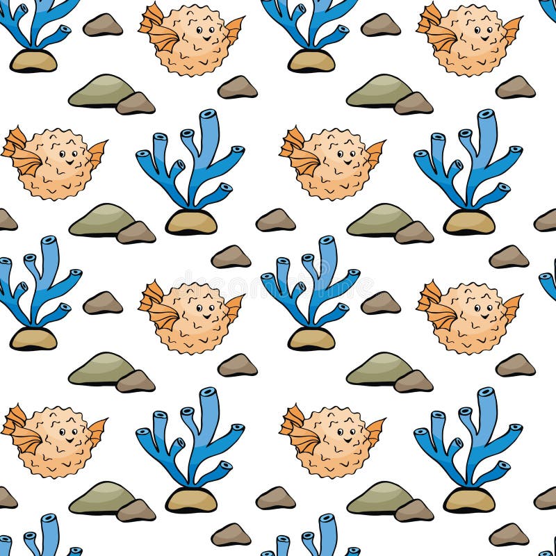 Seamless Pattern with Cute Puffer Fish in Doodle Style Stock Vector ...