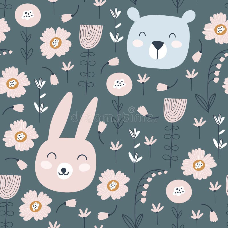 Seamless Pattern with Cute Rabbit, Bear and Flowers. Animals Pattern ...