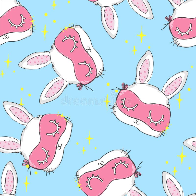 Seamless Pattern Cute Rabbit with a Mask for Sleep. Hand Drawn Bunny ...