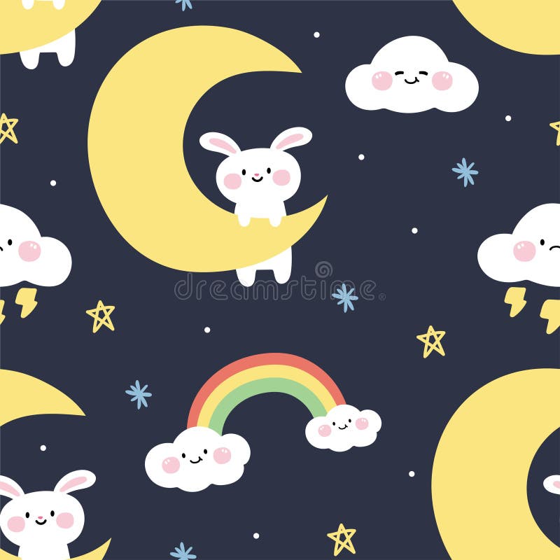 Seamless Pattern of Cute Rabbit on Moon on Night Backgorund.Animal ...