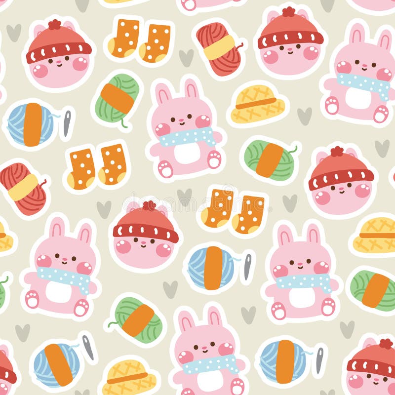 Seamless Pattern of Cute Rabbit Wear Wool Hat with Yarn and Sock Tiny ...