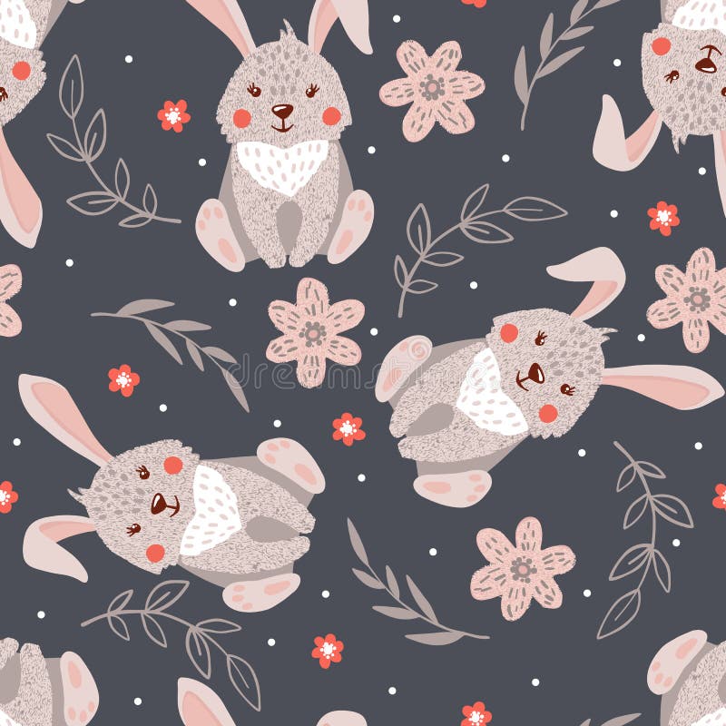 Seamless Pattern With Cute Rabbits On Gray Stock Vector Illustration
