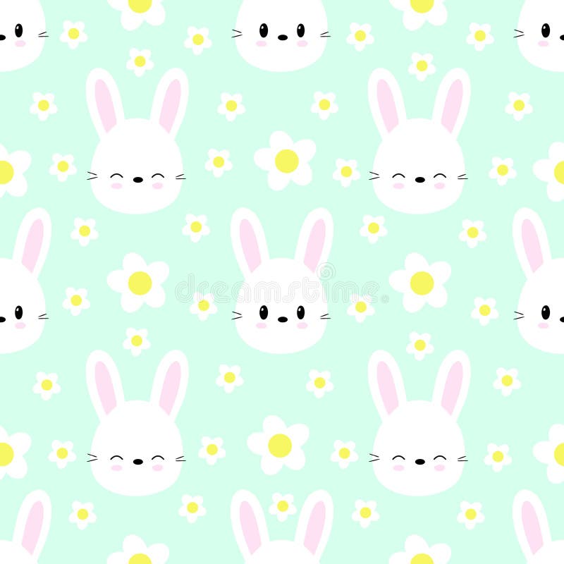 Seamless Pattern Of Cute Rabbits On A Green Background With Flowers