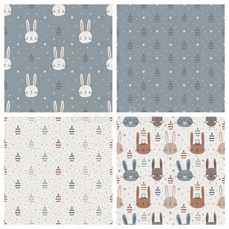 Seamless Pattern with Cute Rabbits, Leaves and Hearts. Stylized Print ...
