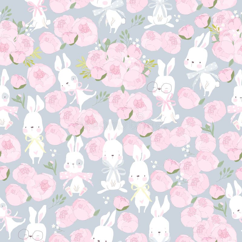 Seamless Pattern with Cute Rabbits and Pink Flower on Gray Background ...