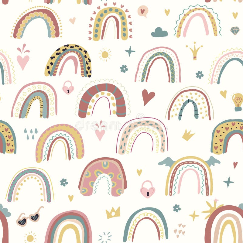 Seamless Pattern Cute Rainbows on a Light Background. Magic Rainbow ...