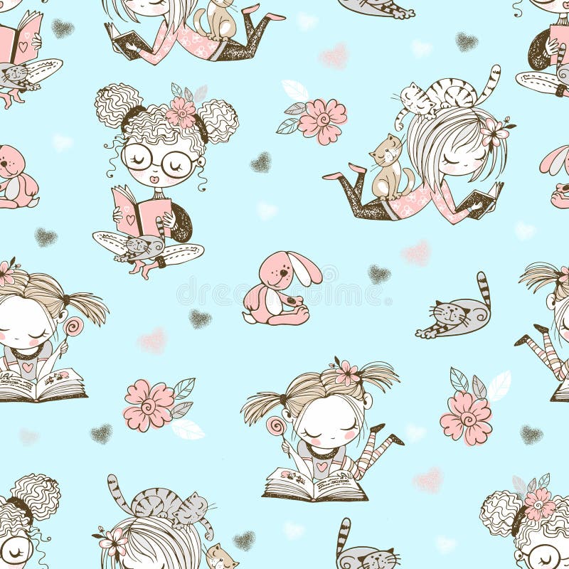 Seamless Pattern with Cute Reading Girls. Vector Stock Illustration ...