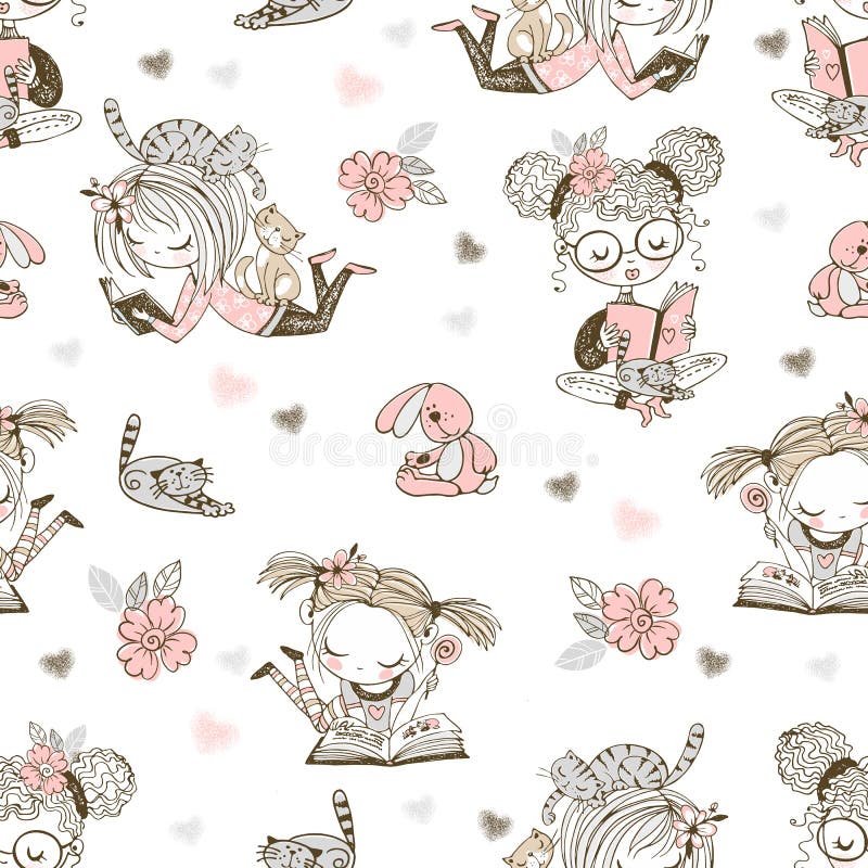 Seamless Pattern with Cute Reading Girls. Vector Stock Illustration ...