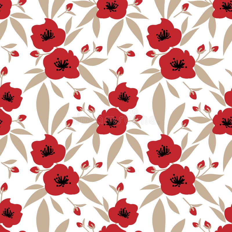 Seamless Pattern of Cute Red Flower Branches with Leaves on Write ...