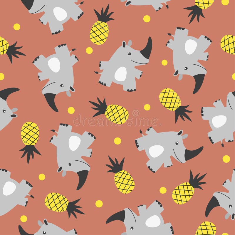 Seamless Pattern with Cute Rhino and Pineapples Stock Vector ...