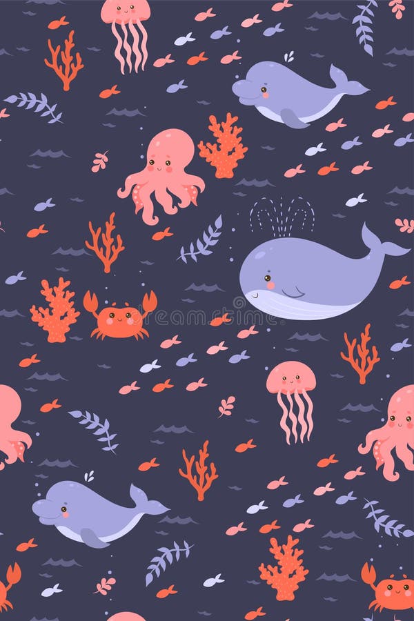 Seamless Pattern with Cute Sea Animals. Vector Graphics Stock Vector ...