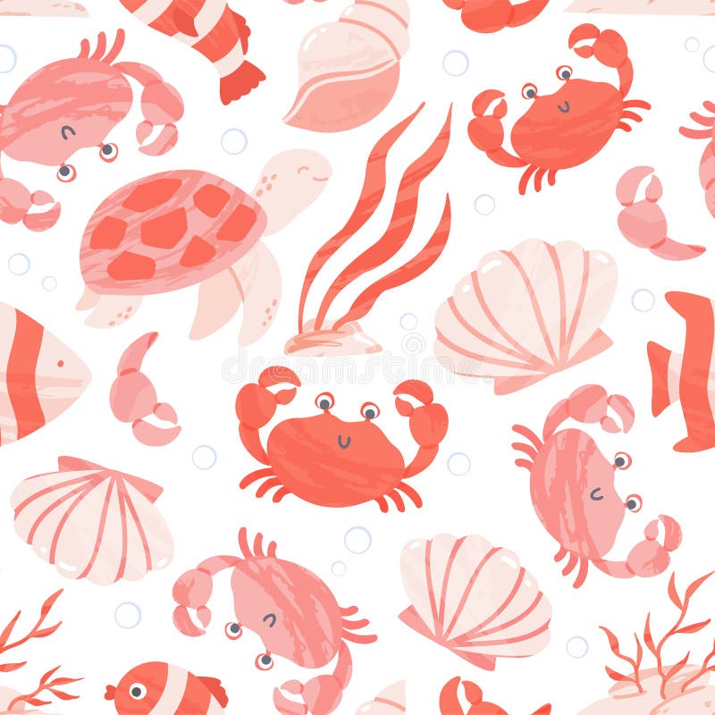 Seamless Pattern with Cute Sea and Ocean Animals, Corals and Shells ...