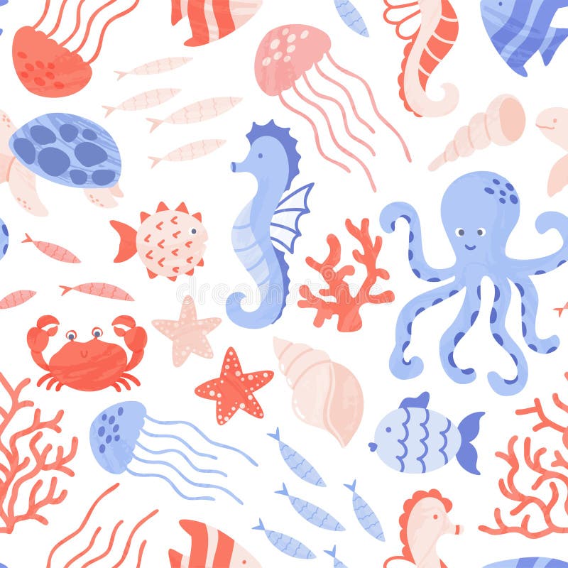 Seamless Pattern with Cute Sea and Ocean Animals, Corals and Shells ...