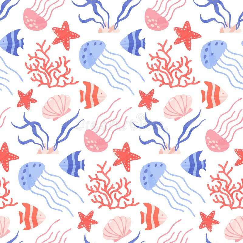 Seamless Pattern with Cute Sea and Ocean Animals, Corals and Shells ...