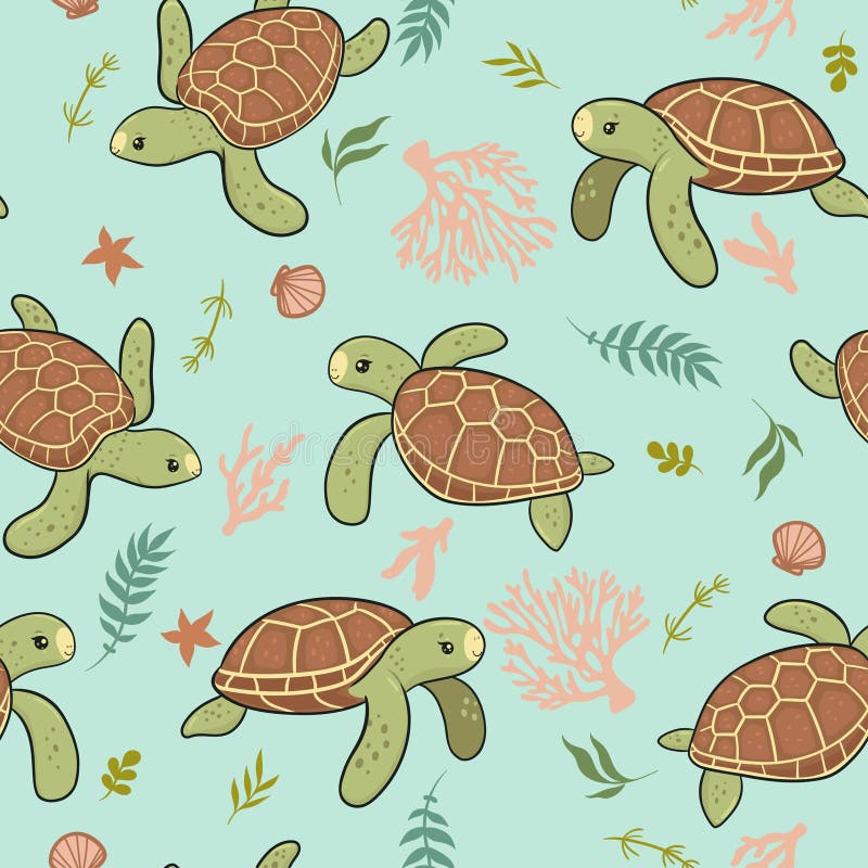 Seamless Pattern with Cute Sea Turtles. Vector Graphics Stock Vector ...