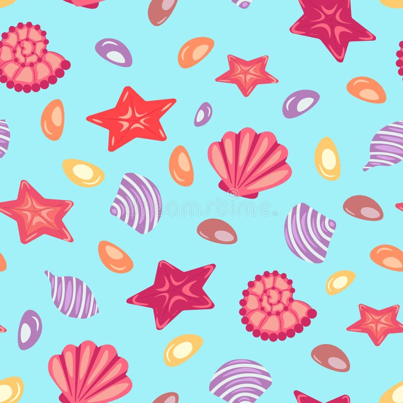 Seamless Pattern with Cute Seashells on a Blue Background Stock Vector ...