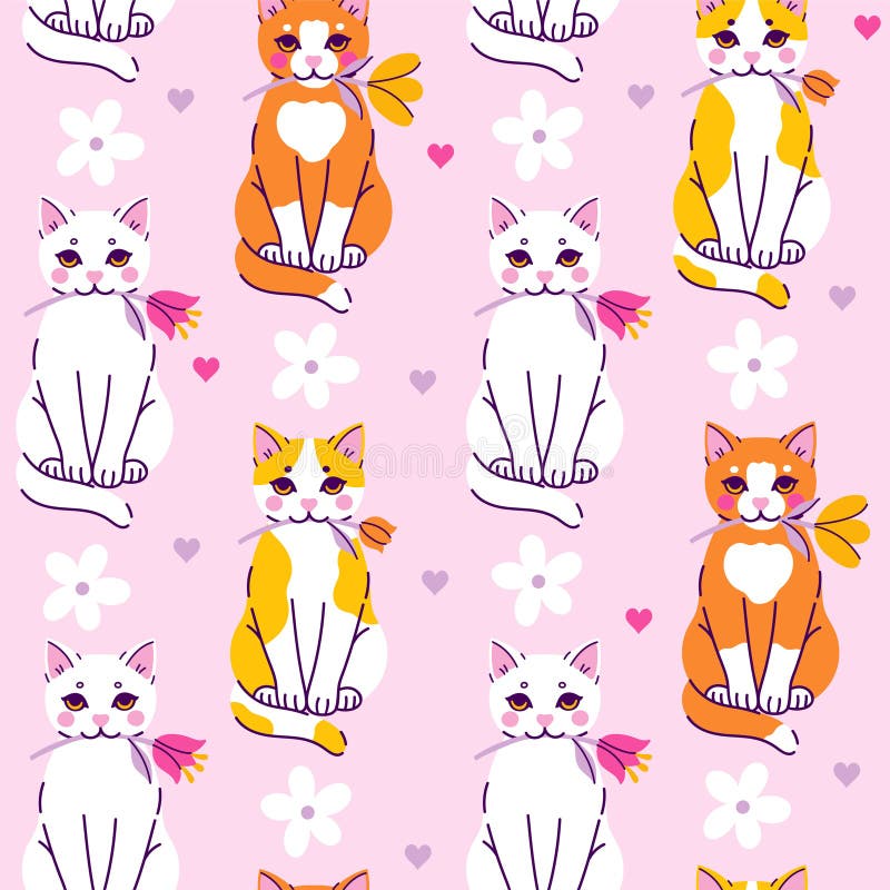 Seamless Pattern with Cute Sitting Cats with Flowers. Vector Graphics ...
