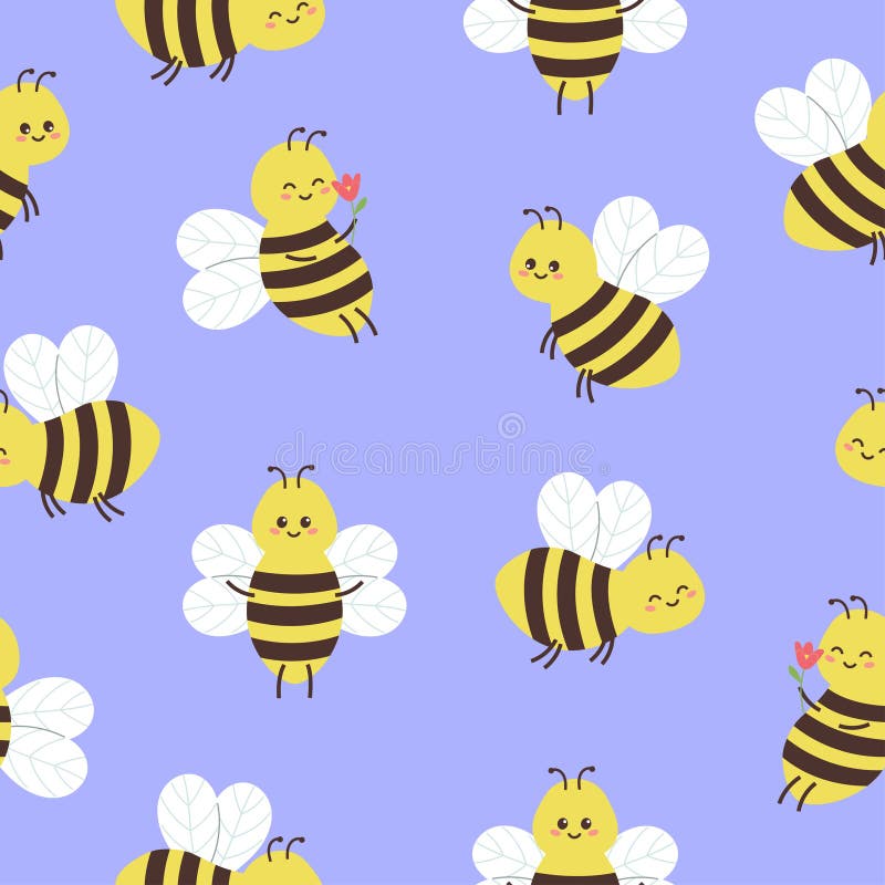 Seamless Pattern of Cute Smiling Bees on Blue Background. Template for ...