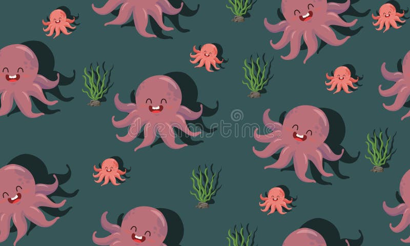 Seamless Pattern with Cute Smiling Octopuses and Corals with Shadow ...