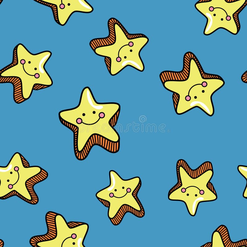 Seamless Pattern with Cute Smiling Stars on Blue Background. Stock ...