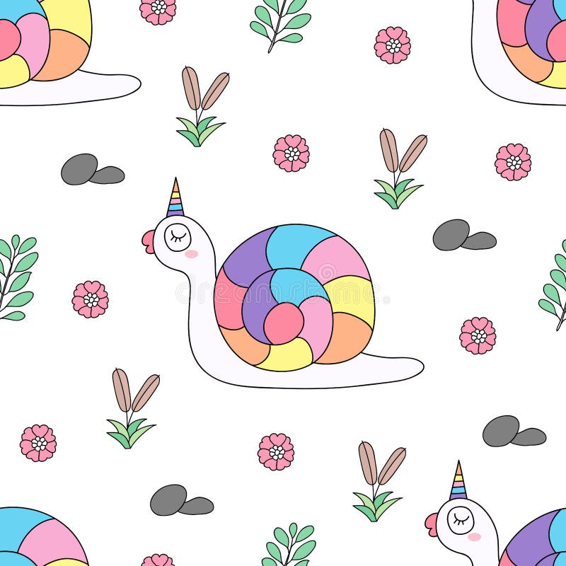 Seamless Pattern Cute Snail Cartoon Hand Drawn Style. Stock ...